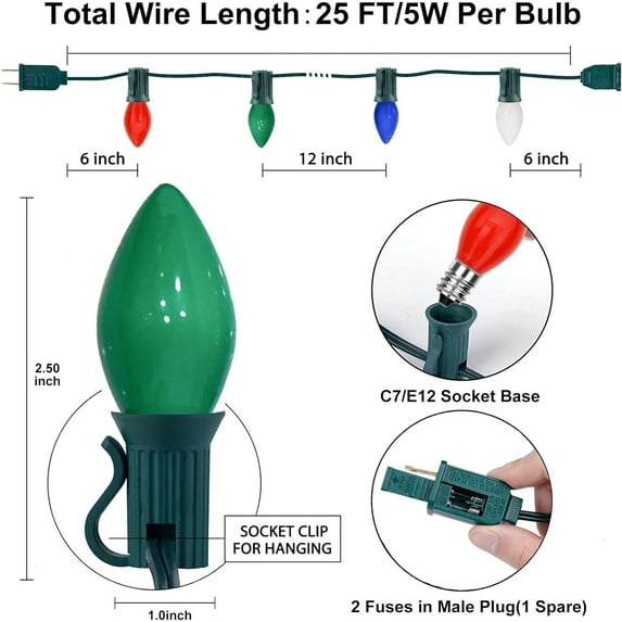 SHIQI-C7 Multicolor Christmas Lights Outdoor, 25Ft Incandescent ...