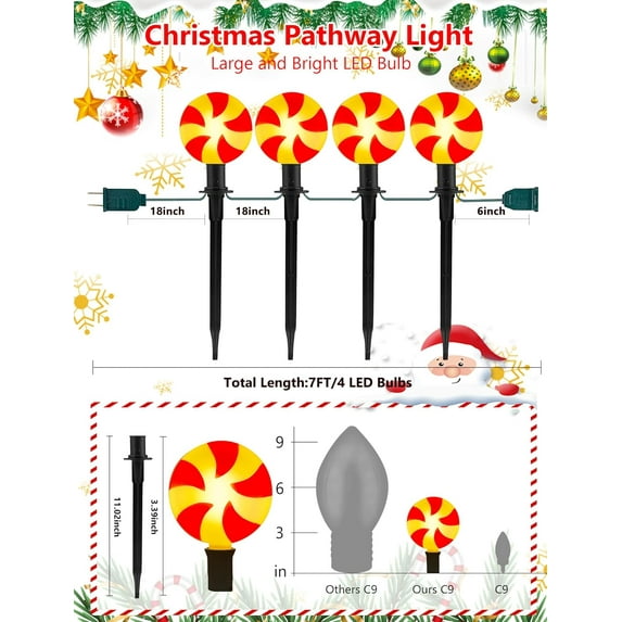 SHIQI-C9 LED Christmas Lollipop Peppermint Pathway Lights Outdoor, 7Ft ...