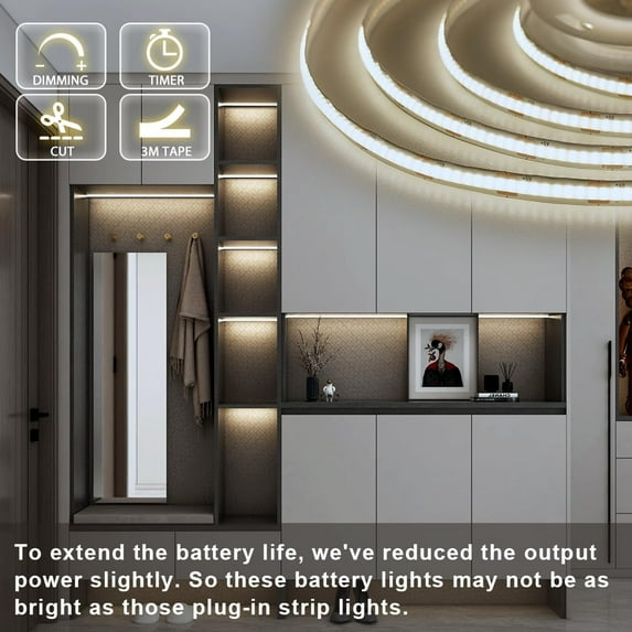 SHIQI-COB LED Light Strip, 6.56FT 640LED 4000K Natural White Battery ...