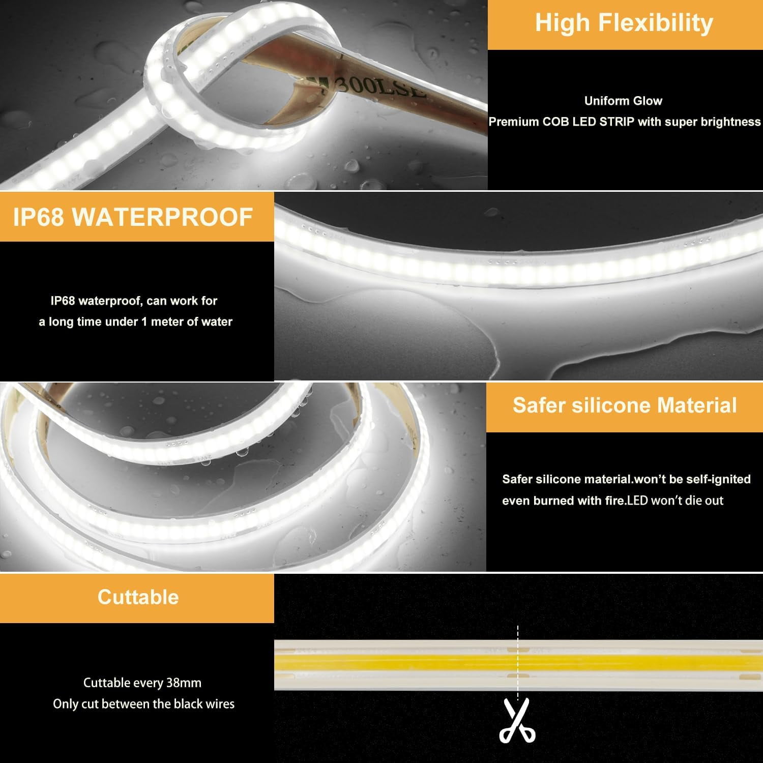 SHIQI-COB LED Strip Lights Waterproof IP68, 6000K Daylight White ...