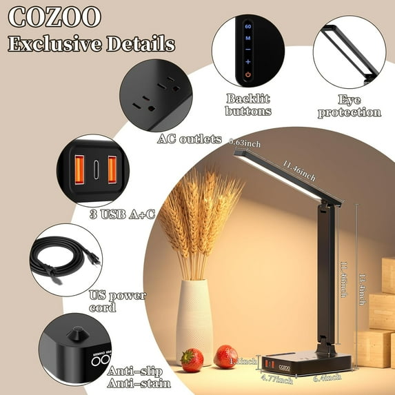 SHIQI-COZOO LED Desk Lamp with 3 USB Charging Ports,2 AC Outlet,3 Color ...