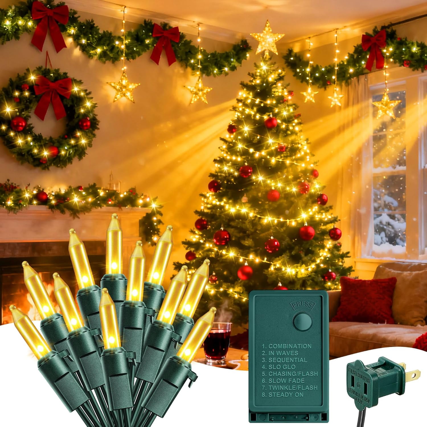 SHIQI-Chasing Christmas Lights, 8 Function Controller Clear Mini Bulbs ...