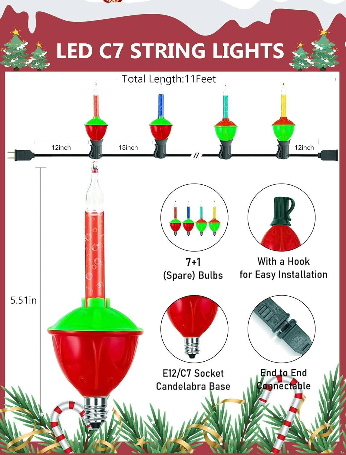 SHIQI-Christmas Bubble String Lights, 11Ft Traditional Multicolor ...