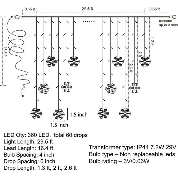 SHIQI-Christmas Decorations, 360 LED Icicle Lights with Snowflake, 29.5 ...