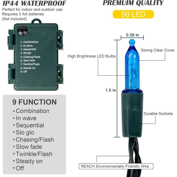 SHIQI-Christmas Lights, 50-Count Green Wire Light Set, Battery Operated ...