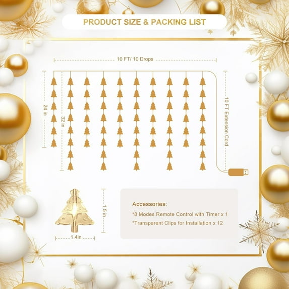 SHIQI-Christmas Tree Curtain Lights, Warm White Window Lights 70 LEDs ...