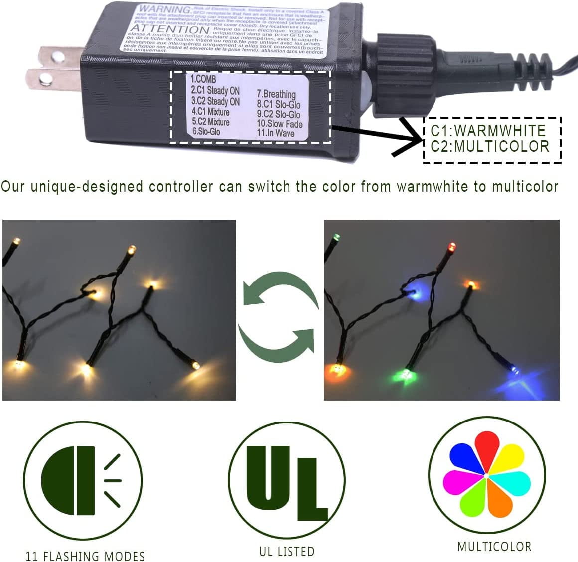 SHIQI-Christmas Tree Lights,Warm White & Multicolor 11 Lighting Modes ...
