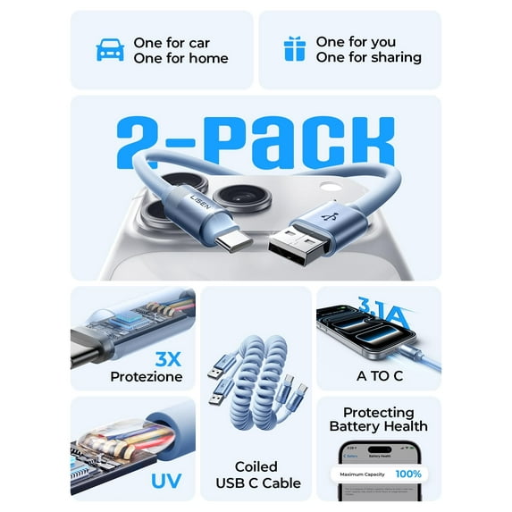 SHIQI-Coiled USB C Cable, 2 Pack for Android Auto & CarPlay Cable ...