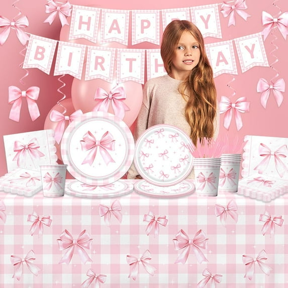 SHIQI-Coquette Birthday Decorations-178Pcs Pink Bow Plates and Napkins ...