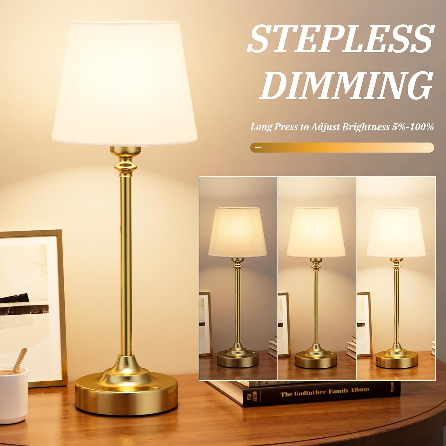 SHIQI-Cordless Table Lamp Rechargeable Gold - 1 Pack Brass 4000mAH ...