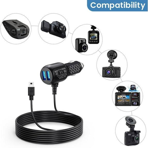 SHIQI-Dash Cam Power Cord Mini USB for Rove R2-4K, 11.5 ft Cable for ...