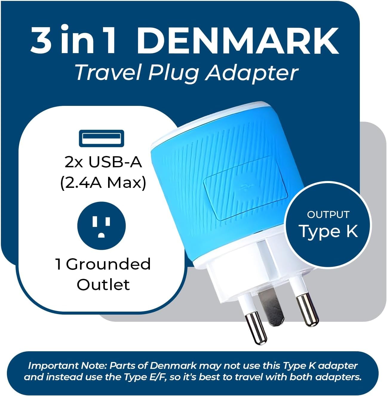 SHIQI-Denmark Travel Plug Adapter with Dual USB - USA Input - Type K ...