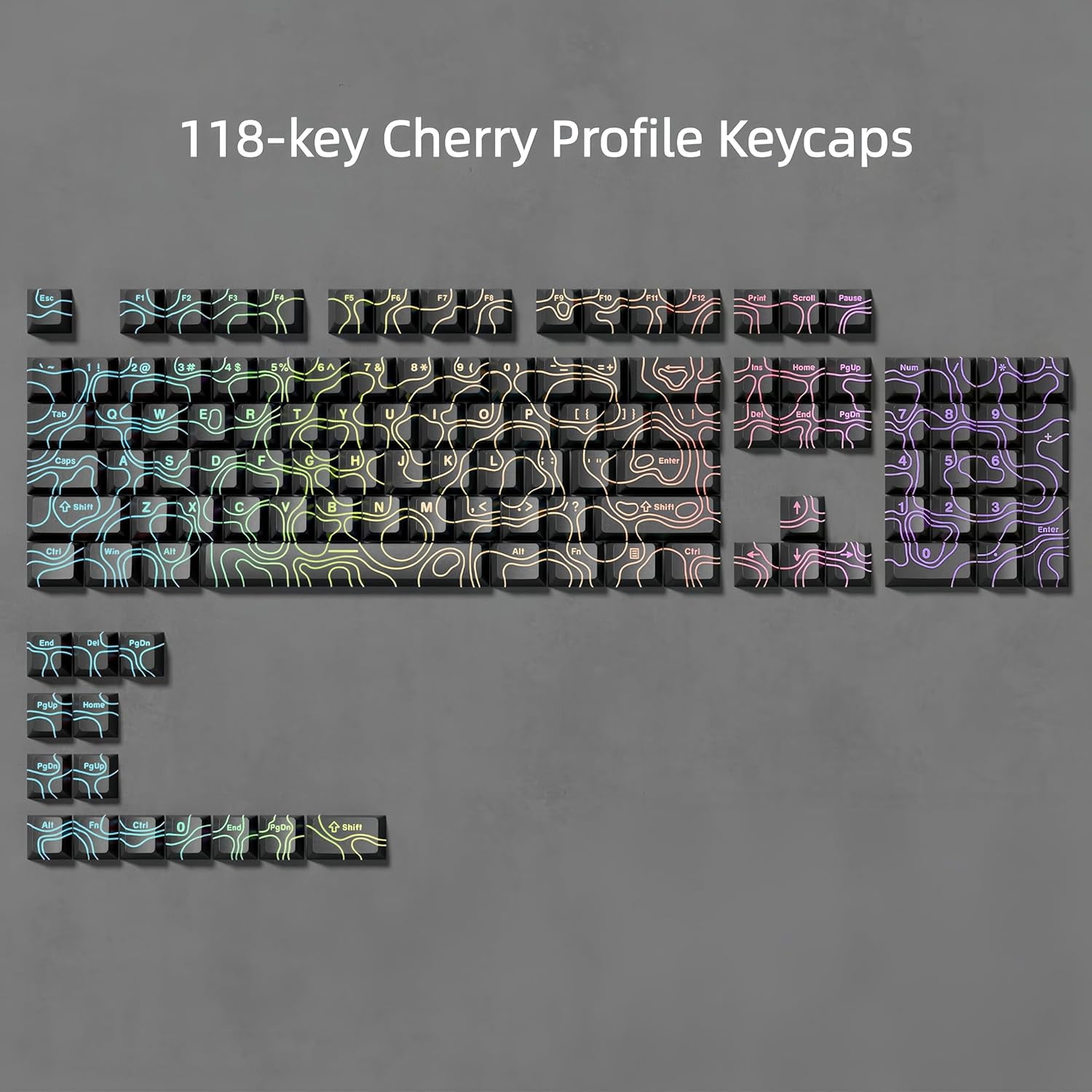 SHIQI-Double Shot PBT keycaps 118 Keys Set Black Topographic Shine ...