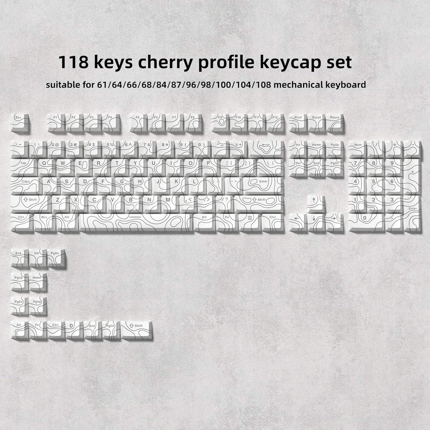 SHIQI-Double Shot PBT keycaps 119 Keys Set White Topographic Shine ...
