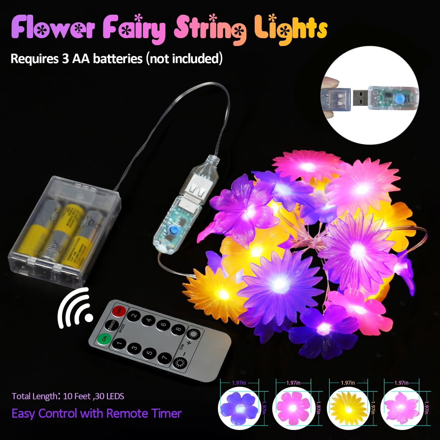 SHIQI-Fairy String Lights Cute Flower Lights Floral Décor-10ft 30 LED ...