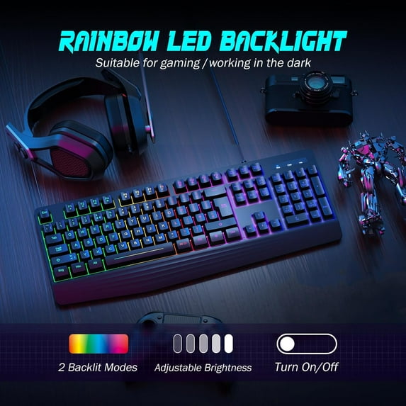 SHIQI-Gaming Keyboard, 7-Color Rainbow LED Backlit, 104 Keys Quiet ...