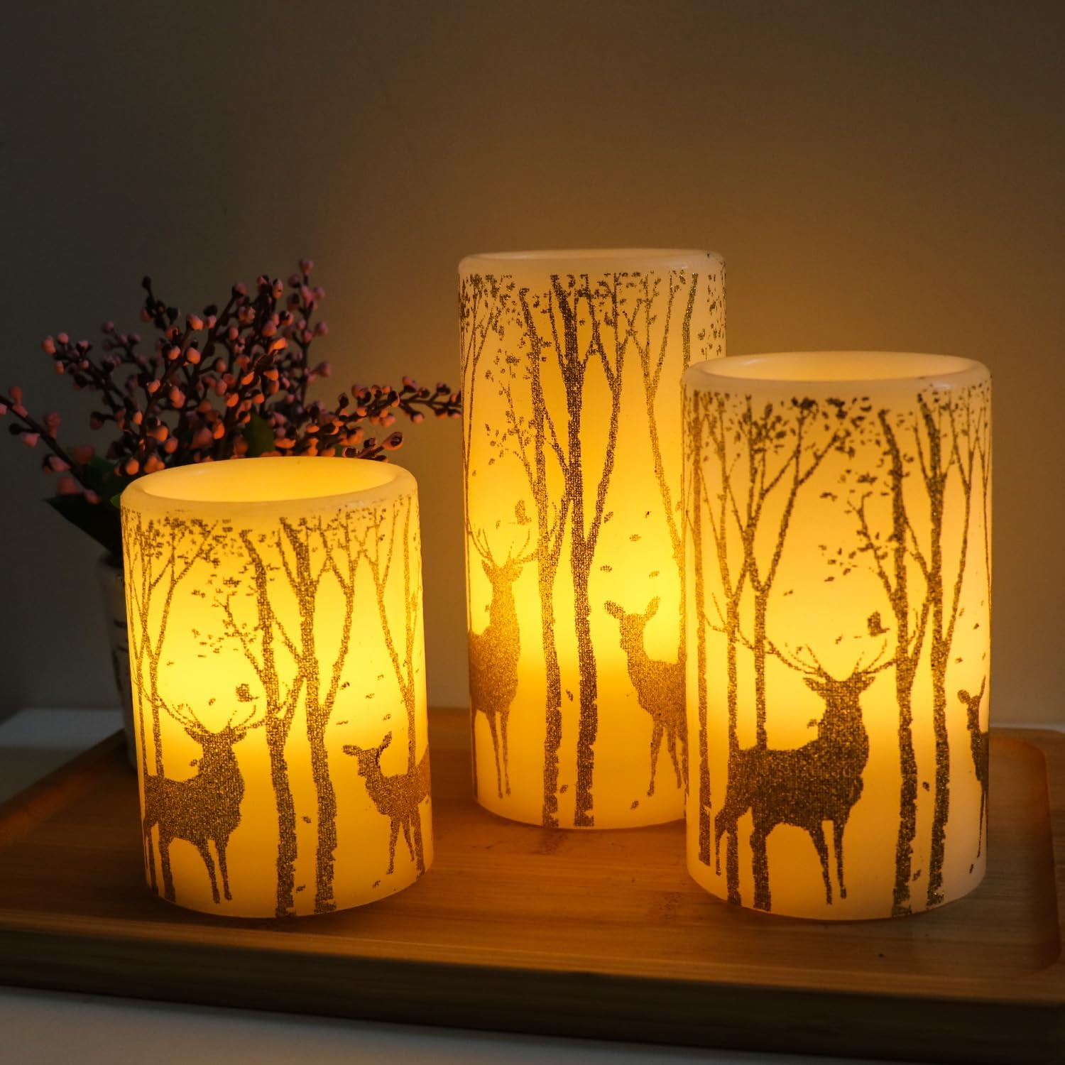SHIQI-Gold Deer Flameless Candles with 6H Timer, Set of 3 Real Wax LED ...