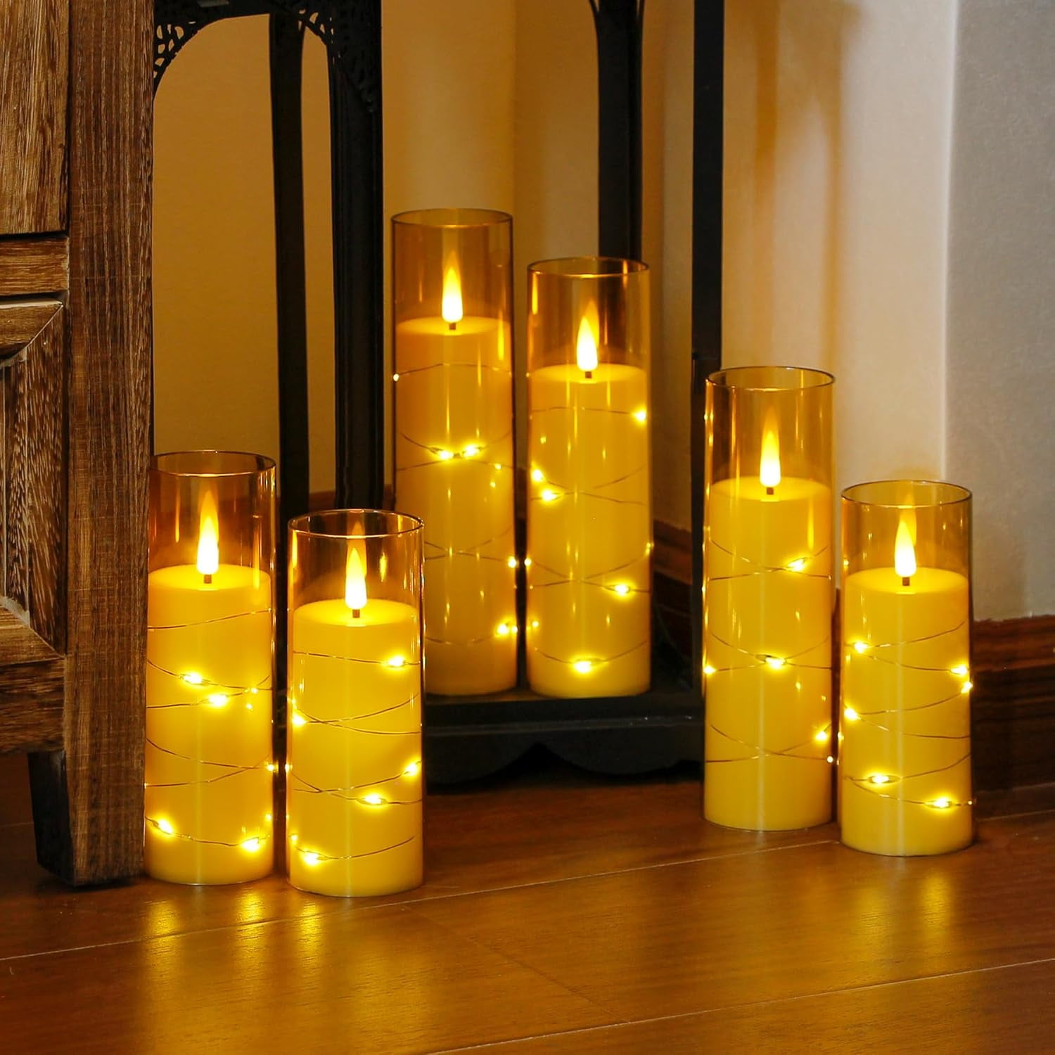 SHIQI-Gold Flameless Candles with Remote and String Light, 2.2"x 5",5 ...