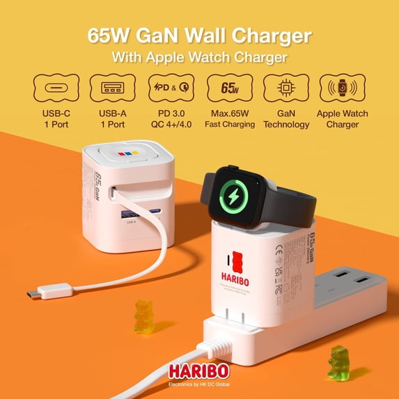 SHIQI-Haribo 65W GaN Wall Charger with Retractable USB-C Cable, PD 3.0 ...
