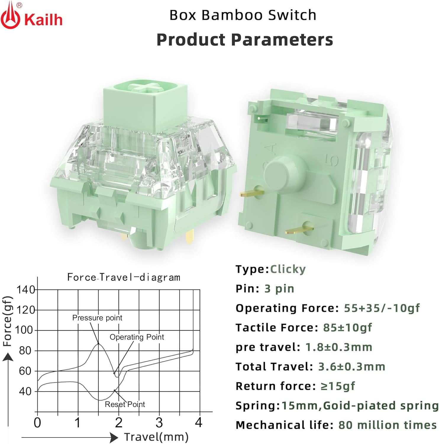 SHIQI-Kailh Box Bamboo Clicky Keyboard Switch,3-pin 55gf Heavy Typing ...