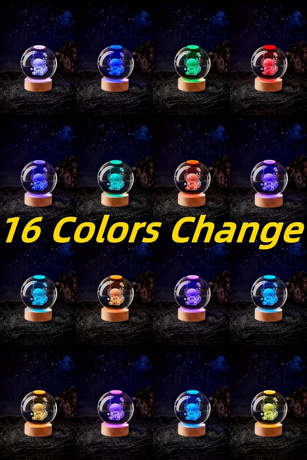 SHIQI-Large Axolotl Crystal Ball Night Light with Woodern Base, 3D ...