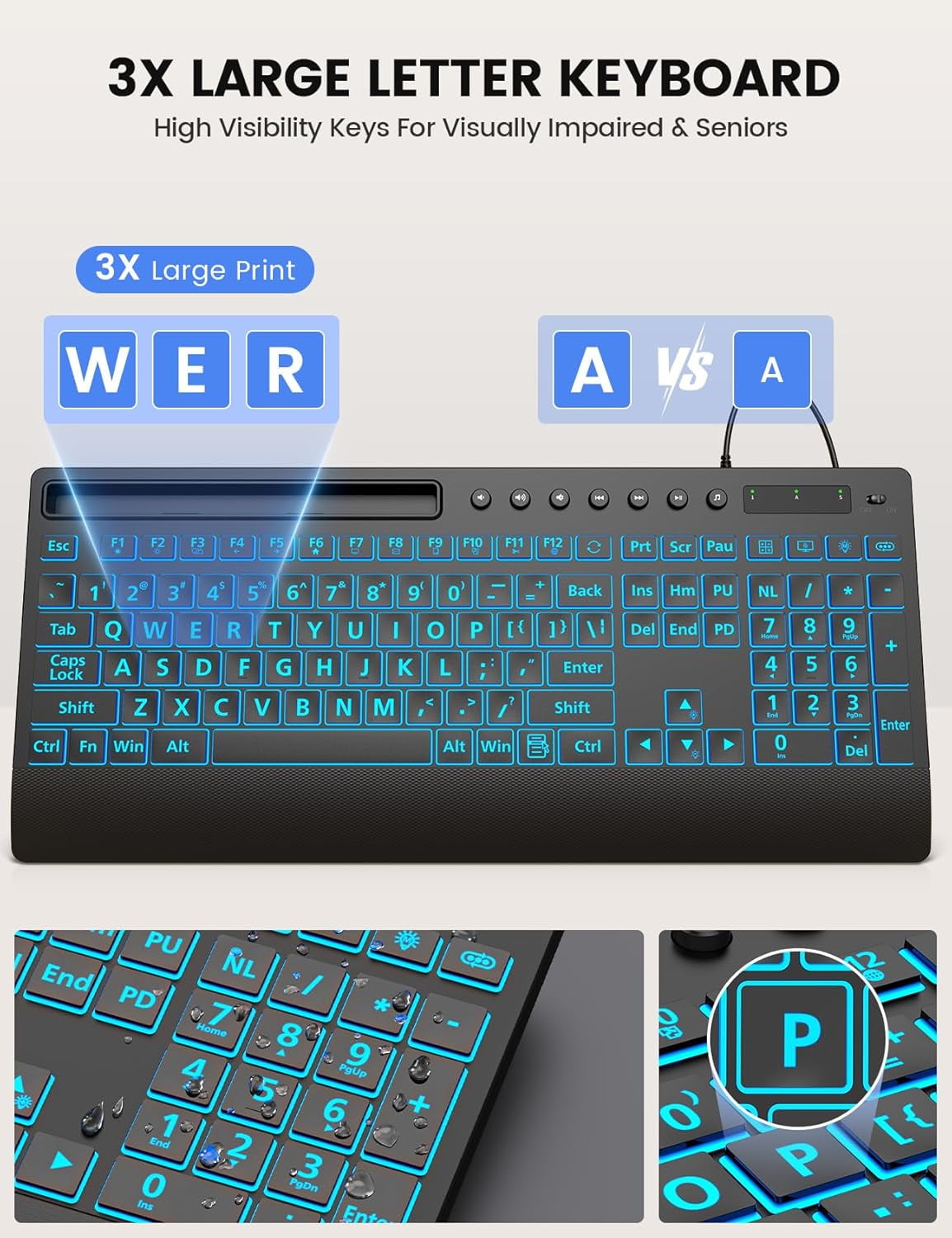 SHIQI-Large Print Backlit Keyboard, USB Wired Computer Keyboard with ...