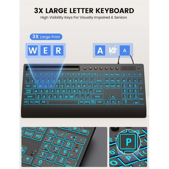 SHIQI-Large Print Backlit Keyboard, USB Wired Computer Keyboard with ...