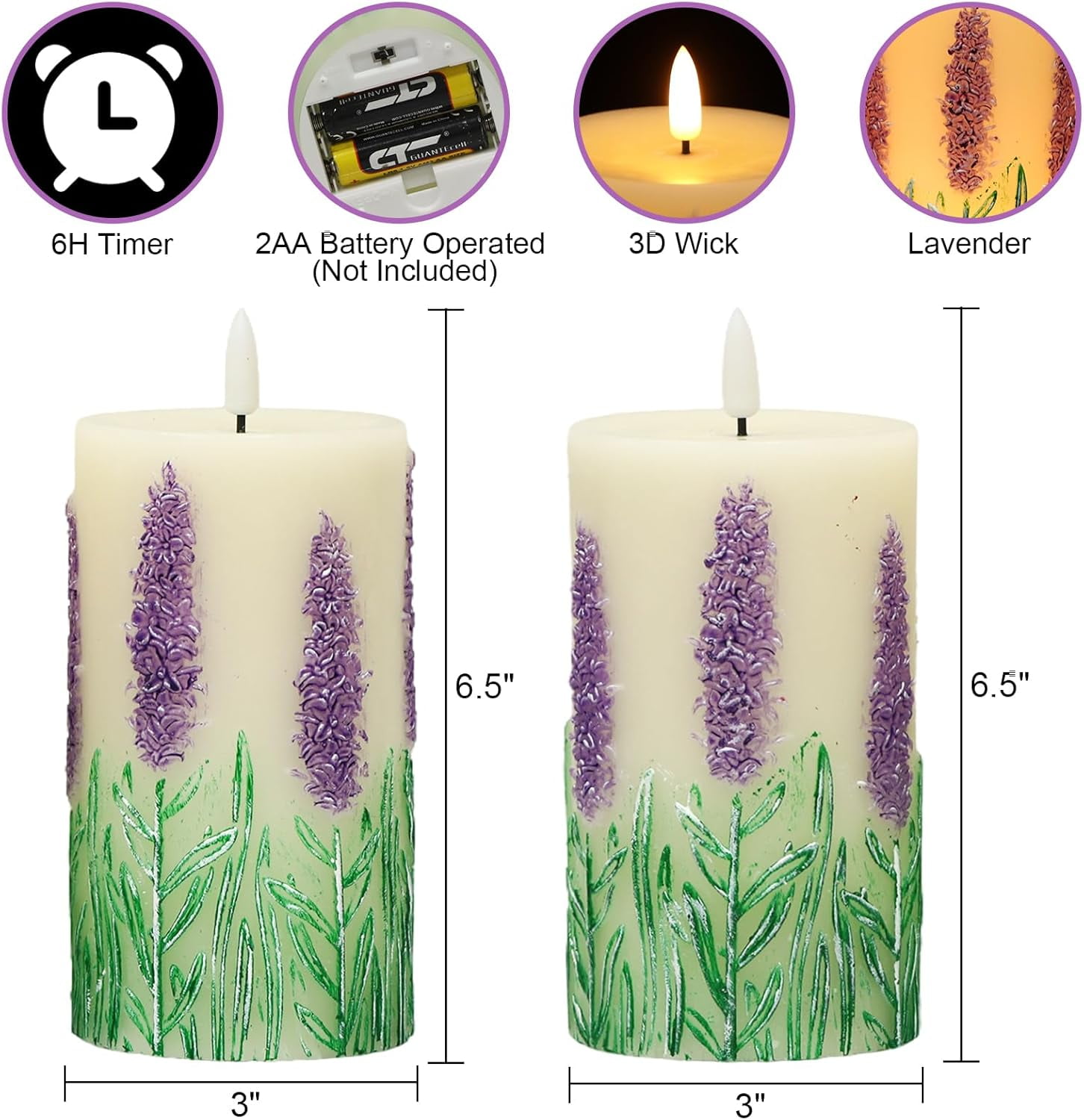 SHIQI-Lavender Flameless Candles with 6 Hour Timer, Battery Operated ...