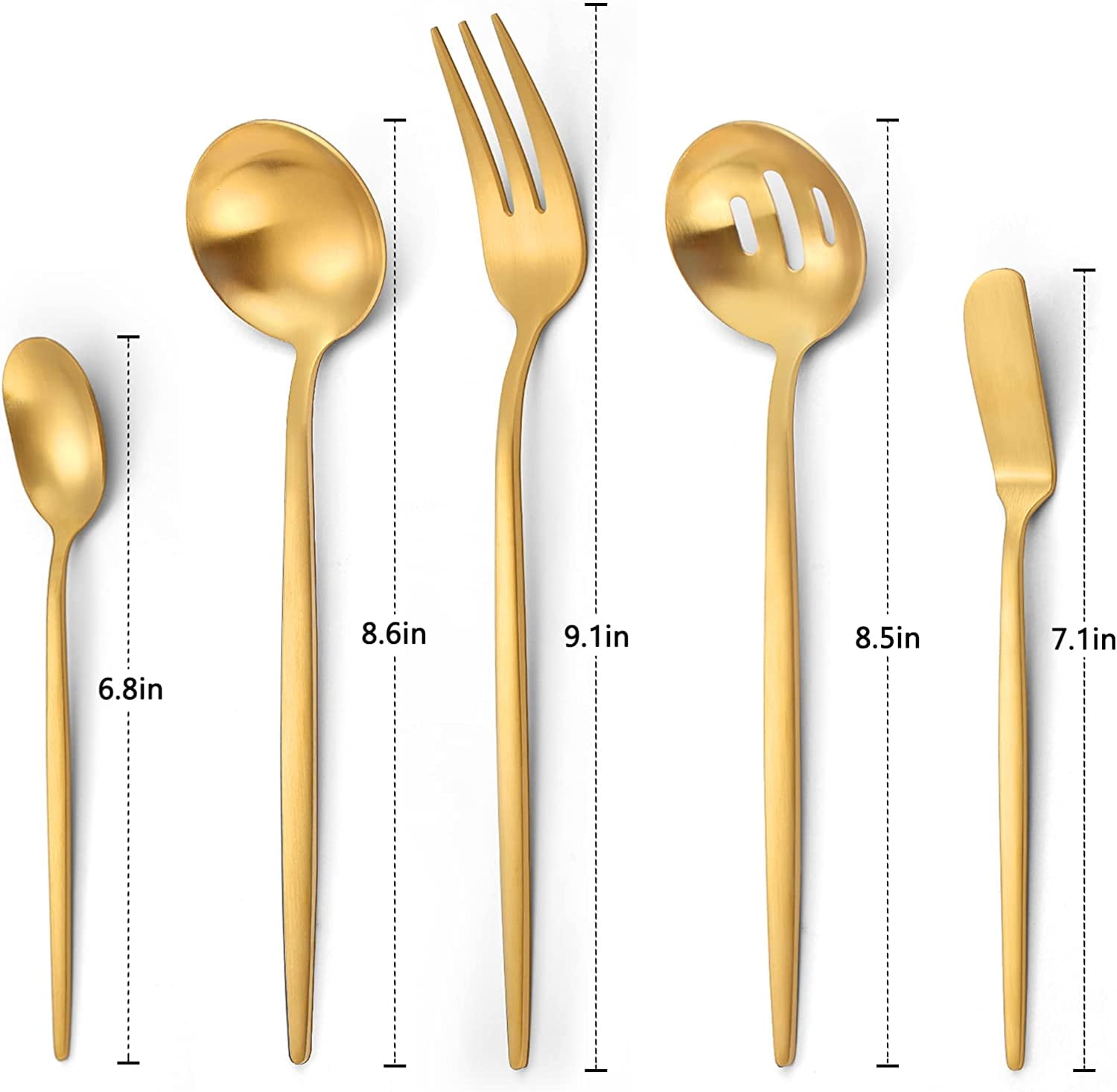 SHIQI-Matte Gold Serving Silverware Set, 5-Piece Round Shared Utensils ...