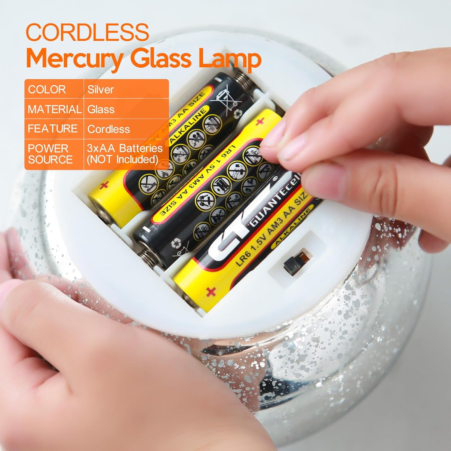 SHIQI-Mercury Glass Ball Lamp with Timer, Silver Cordless Glass Orb ...