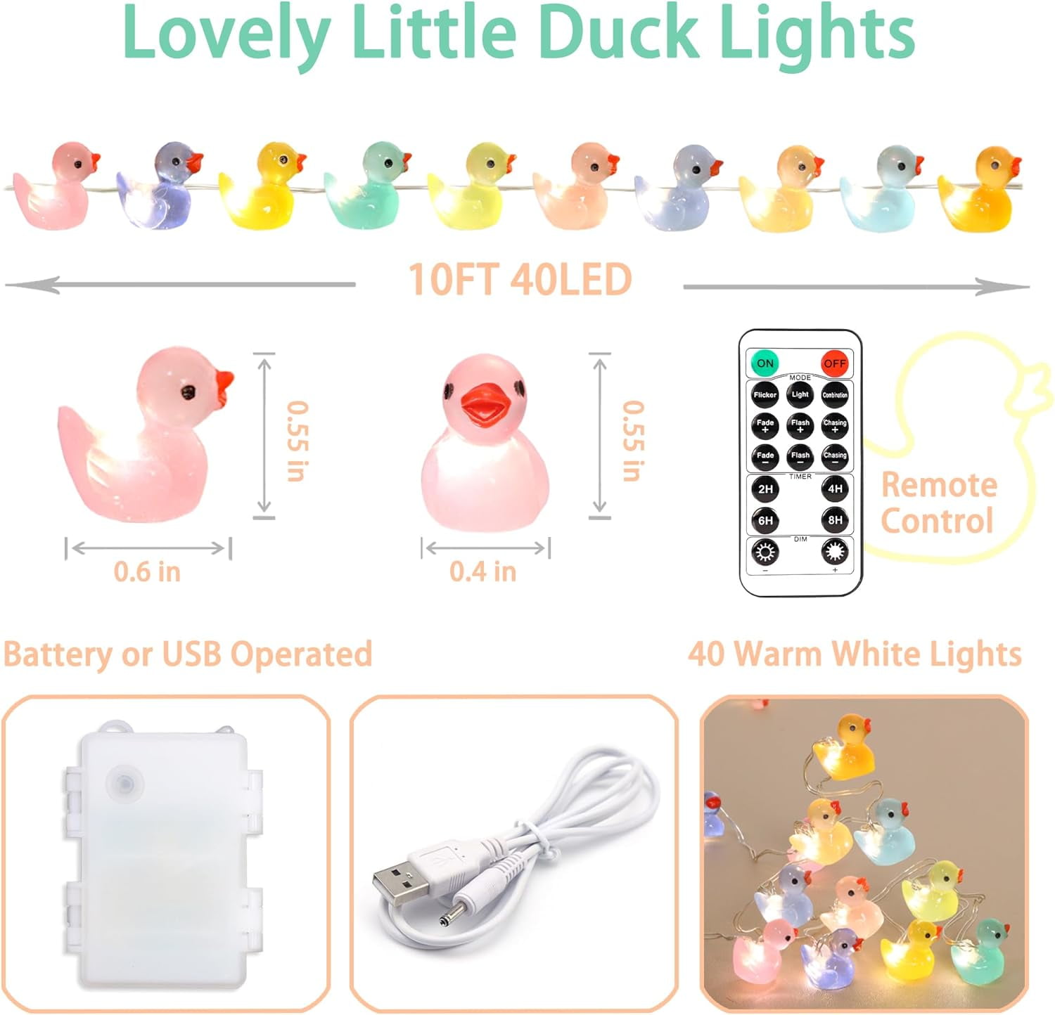 SHIQI-Mini Ducks String Lights USB Plug-in or Battery Operated Remote ...