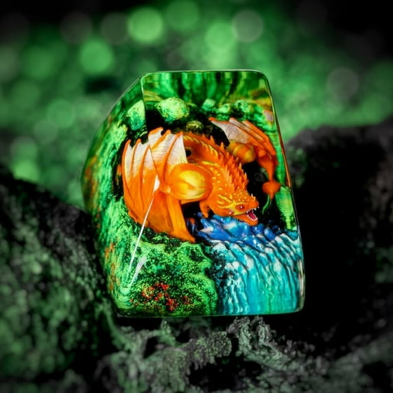 SHIQI-Orange Dragon with Waterfall Artisan Keycap R1 SA Profile Custom ...