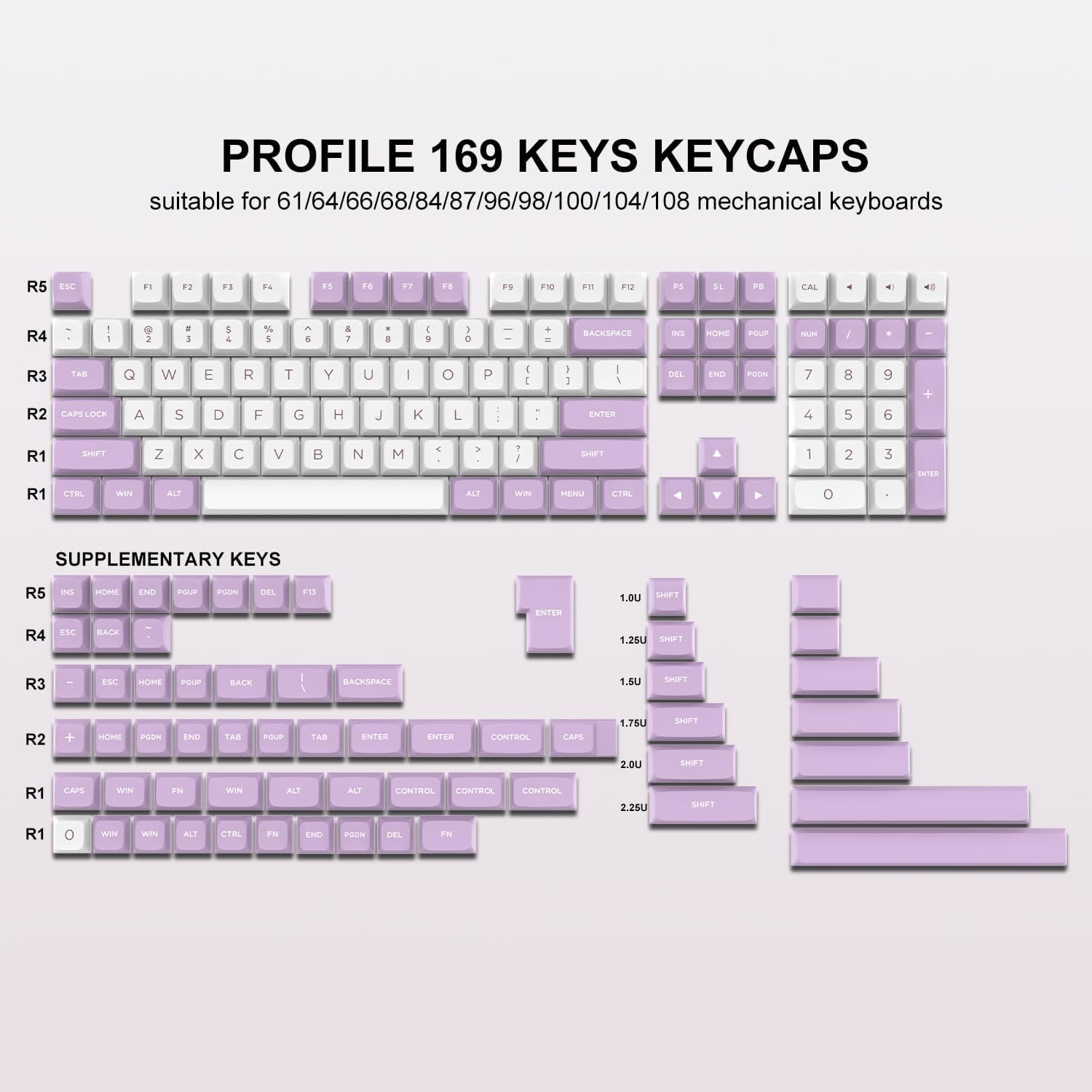 SHIQI-PBT Keycaps,White/Purple keycaps 60% 65% 100%, Japanese Style ...