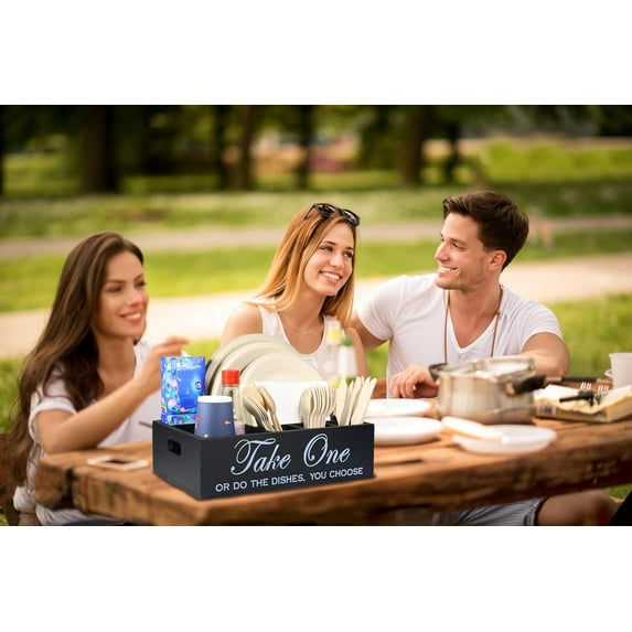 SHIQI-Paper Plate Holder Utensil Caddy Organizer - Rustic Wood ...