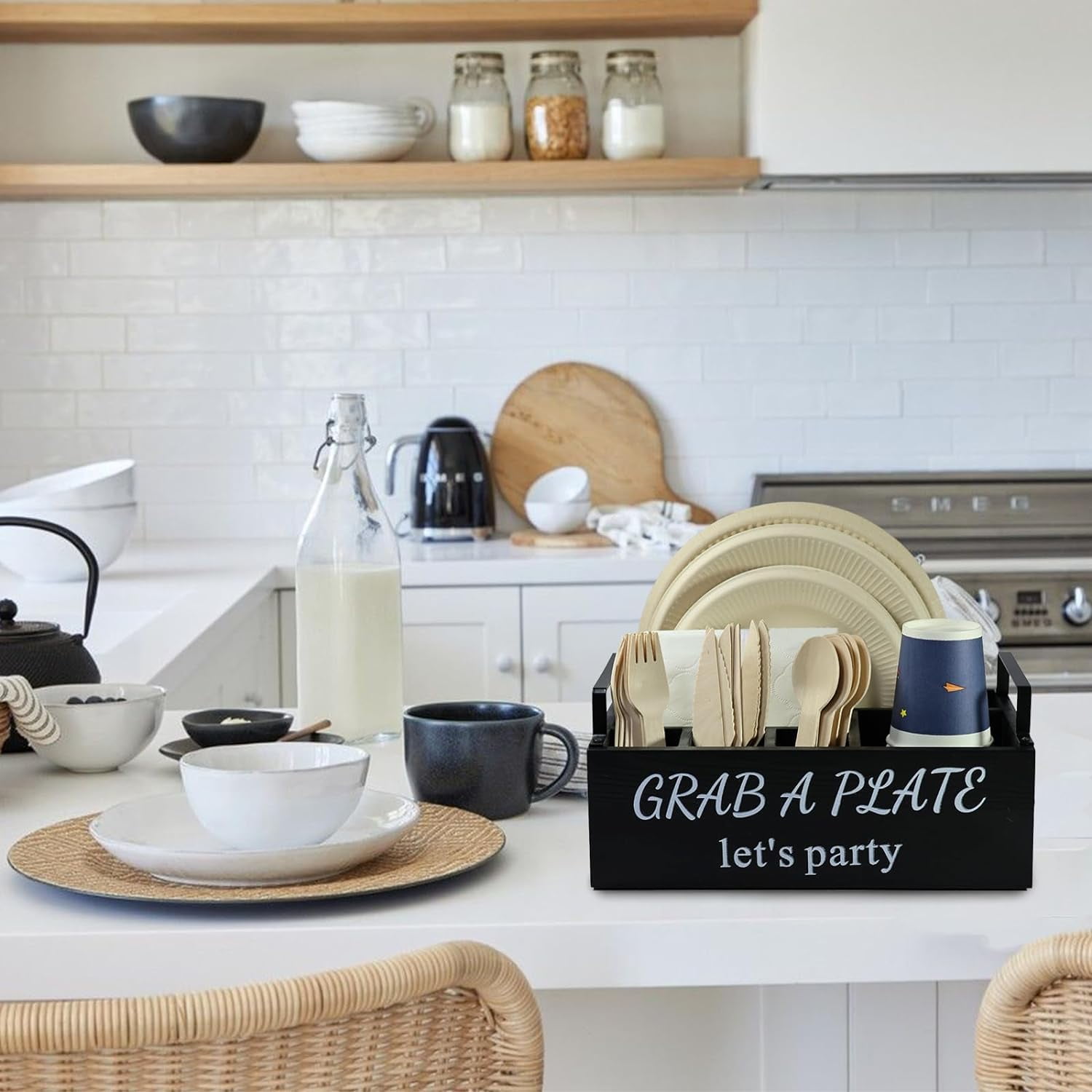 SHIQI-Paper Plate Holder, Utensil Caddy Organizer, Wood Paper Plate ...