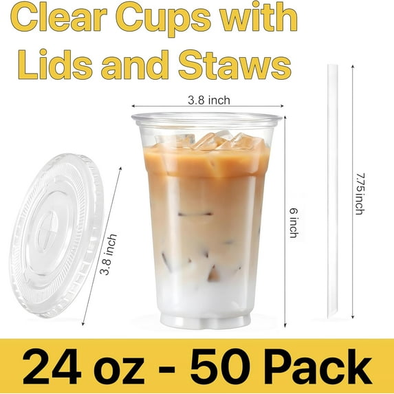 SHIQI-Plastic Clear Cups 24 oz with Lids and Straws 50 Set Disposable ...
