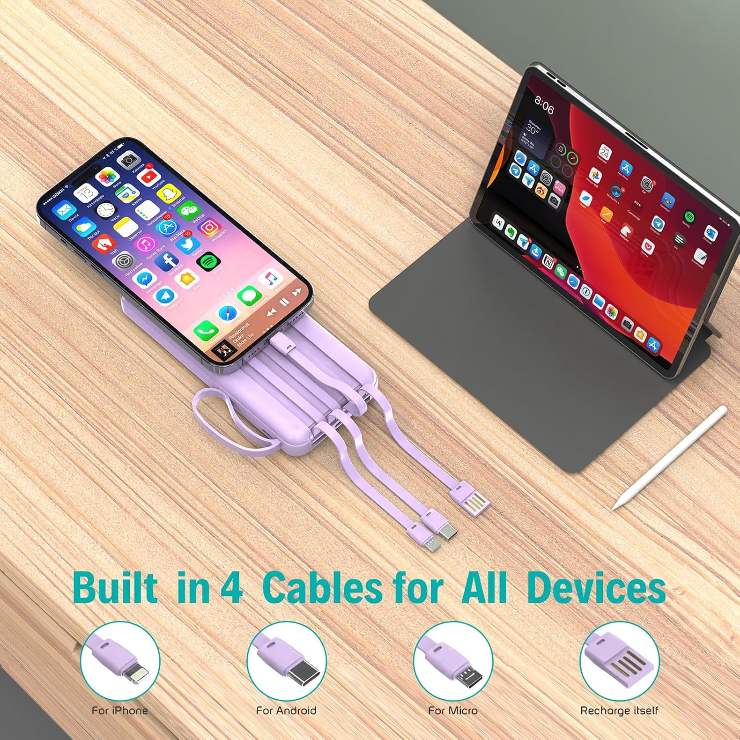 SHIQI-Portable Charger with Built in Cables,10000mAh Slim USB C Power ...