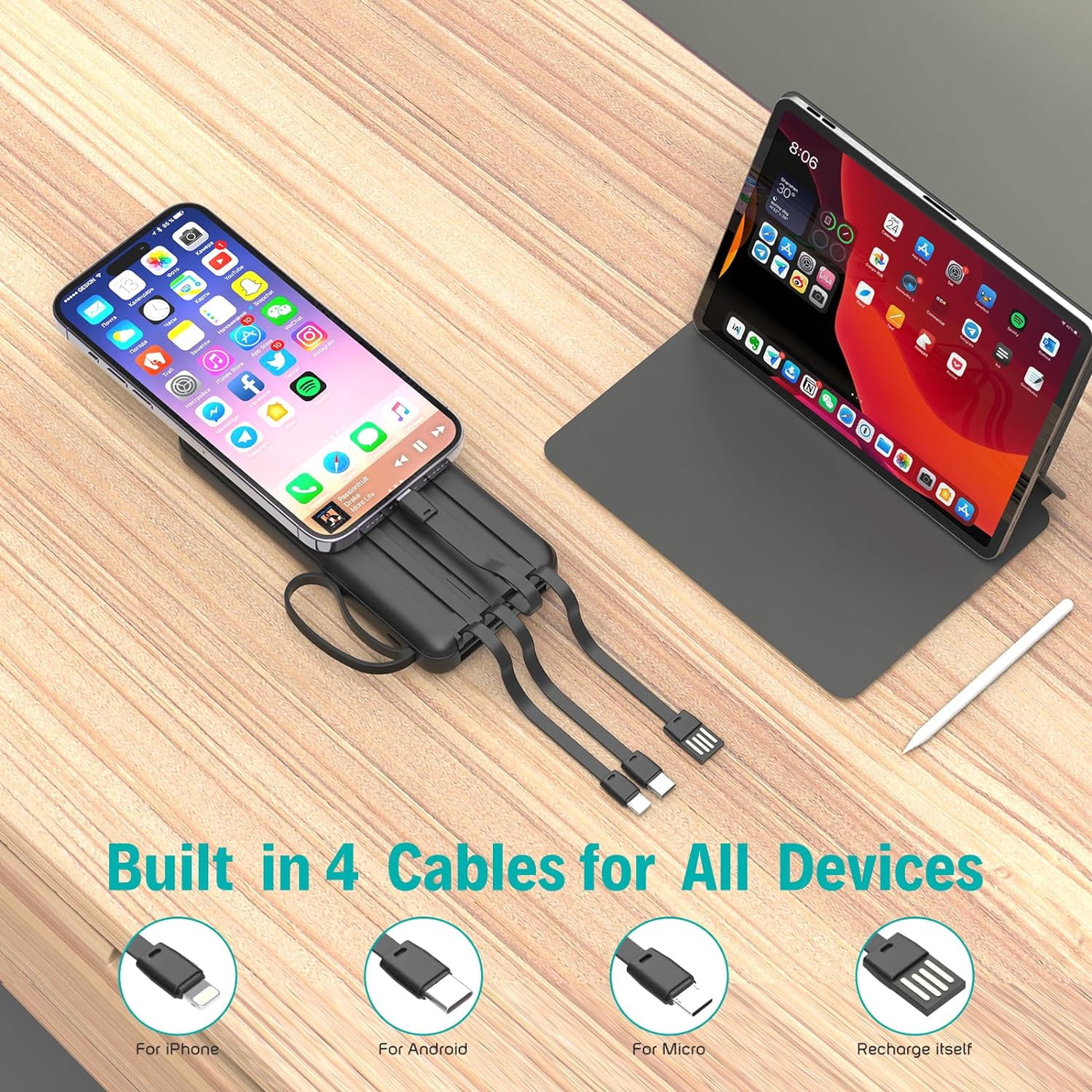 SHIQI-Portable Charger with Built in Cables,10000mAh Slim USB C Power ...