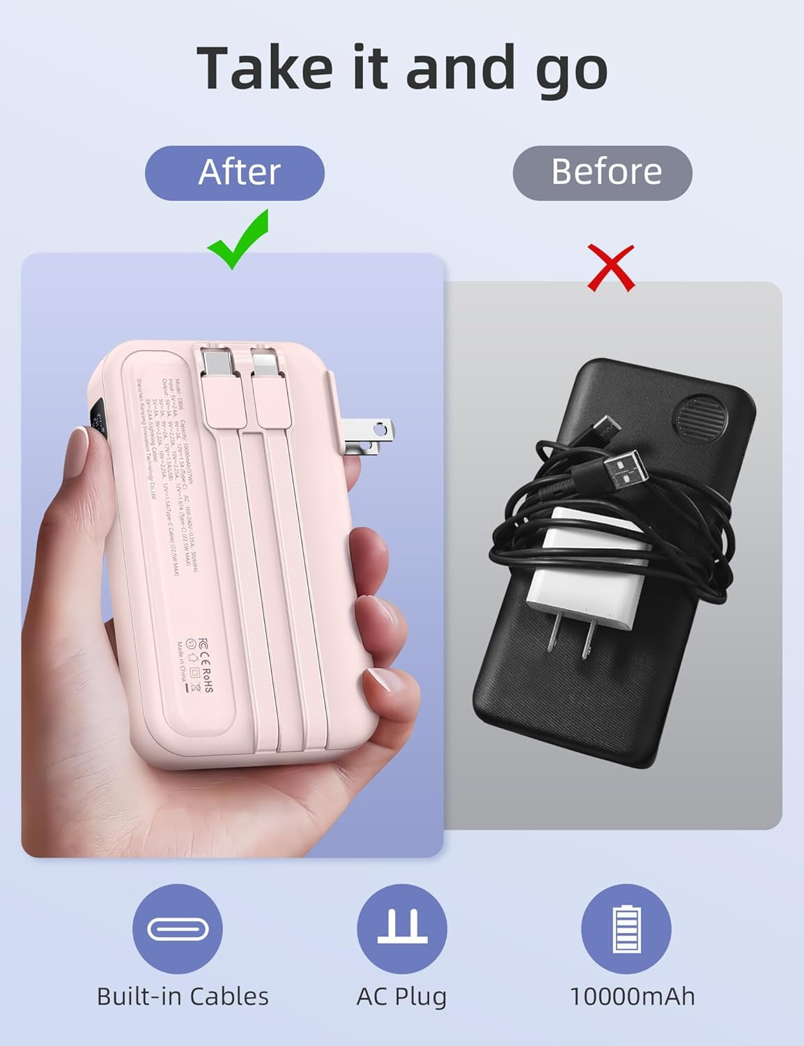 SHIQI-Portable Charger Built in Cables, AC Wall Plug in Portable ...