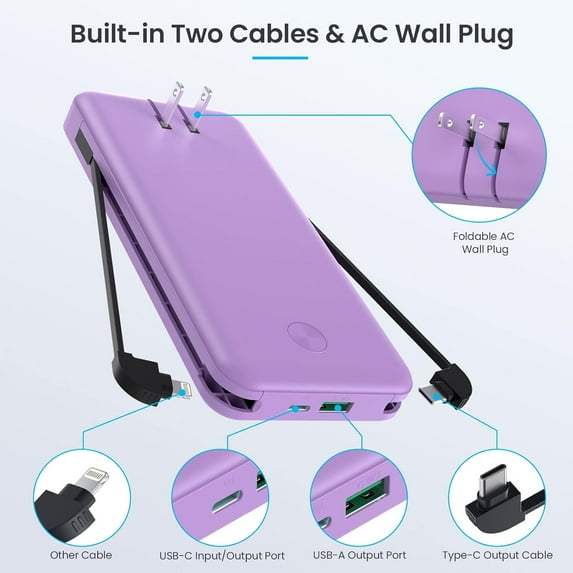 SHIQI-Portable Charger with Built-in Cables & AC Wall Plug,Ultra Slim ...