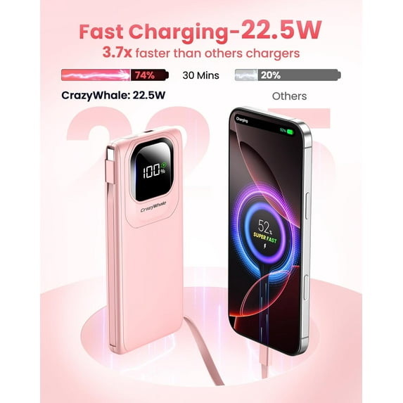 SHIQI-Portable Charger Power Bank with Built-in Type C Cables, 22.5W ...