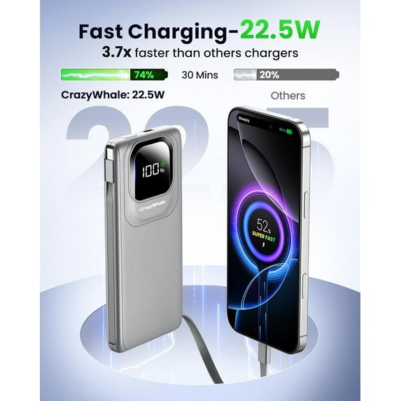 SHIQI-Portable Charger Power Bank with Built-in Type C Cables, 22.5W ...