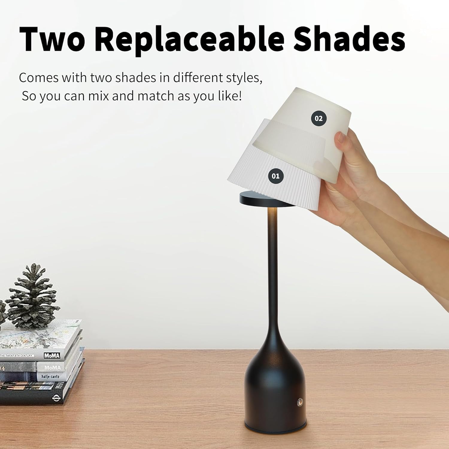SHIQI-Rechargeable Cordless Table Lamp with 2-Pack Lampshades, 5200mAh ...