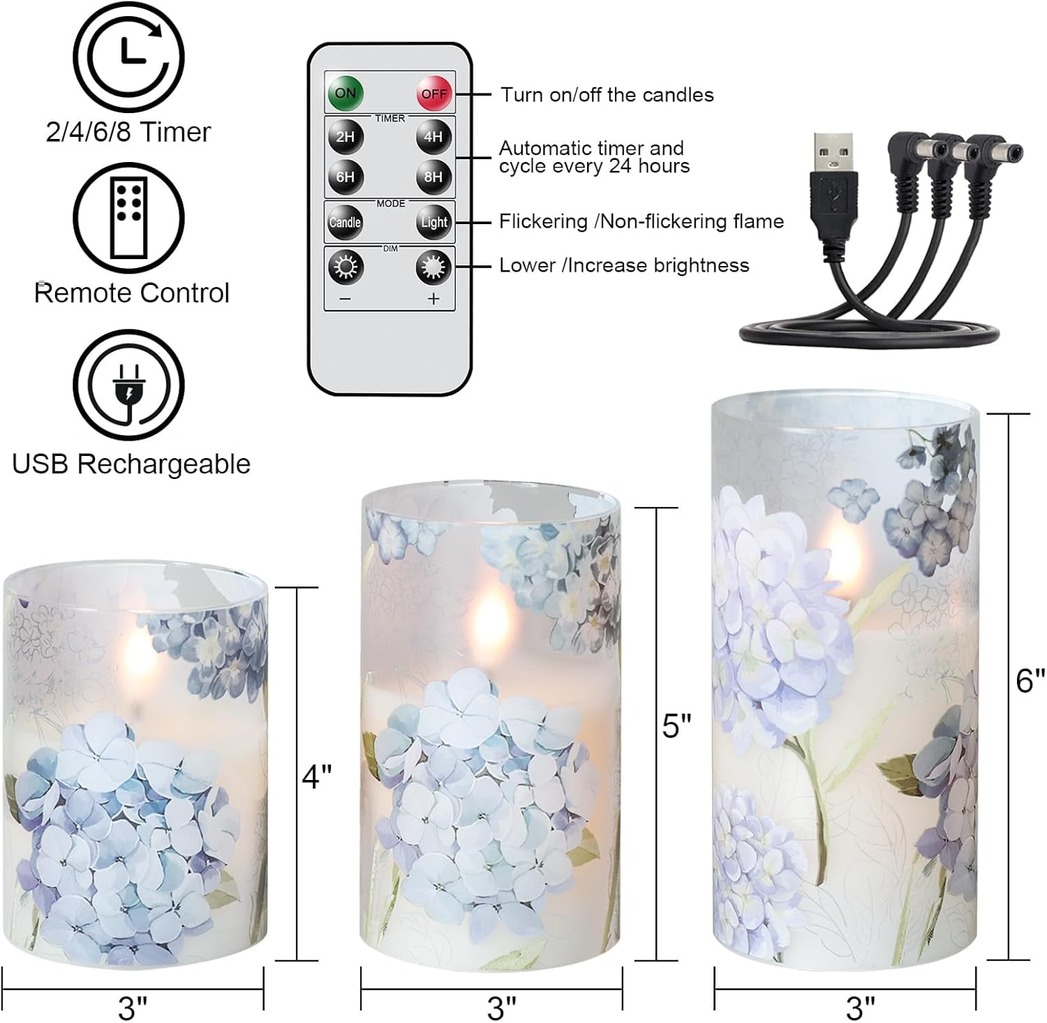 SHIQI-Rechargeable Hydrangea Glass Flameless Candles with Remote Timer ...