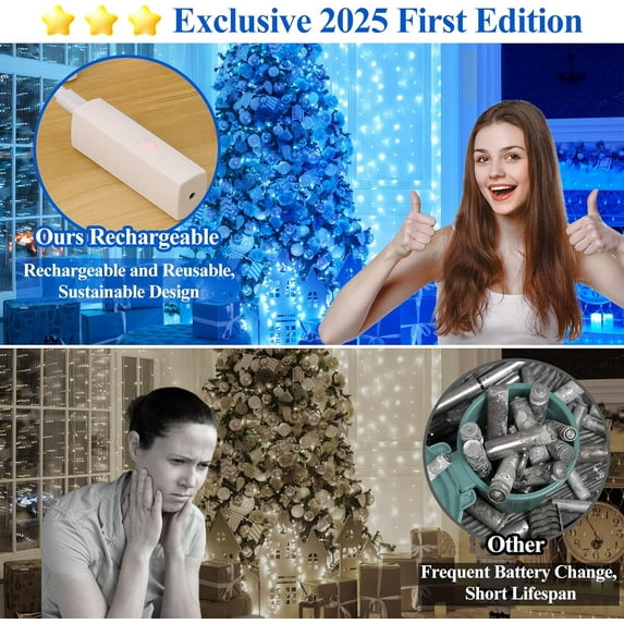 SHIQI-Rechargeable LED String Lights, Blue Fairy Lights Battery ...