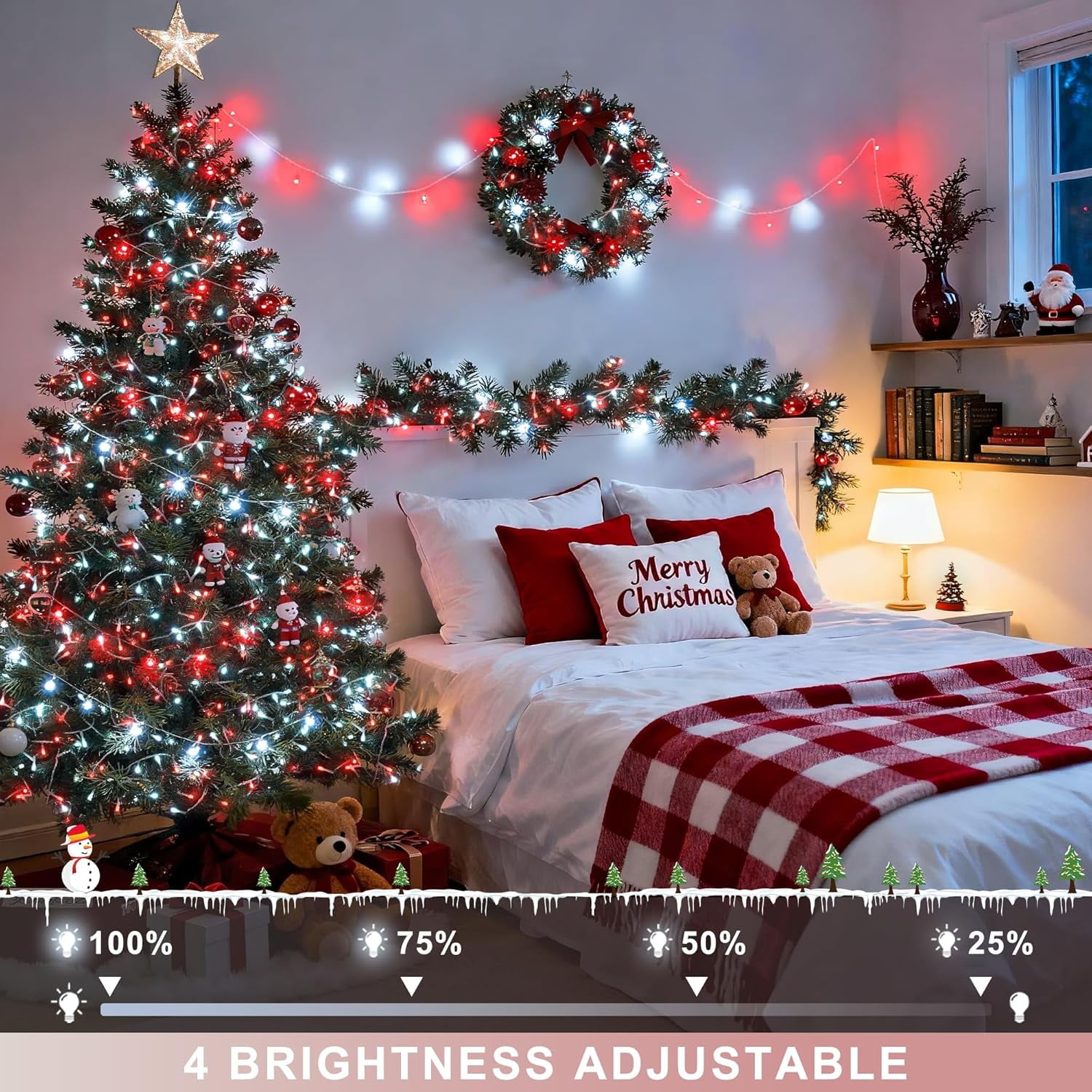 SHIQI-Red and White Christmas Tree Lights with Remote, 600 LED String ...