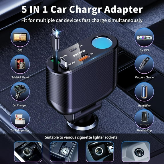 SHIQI-Retractable Car Charger Cigarette Lighter Adapter, 168W 5 in 1 ...