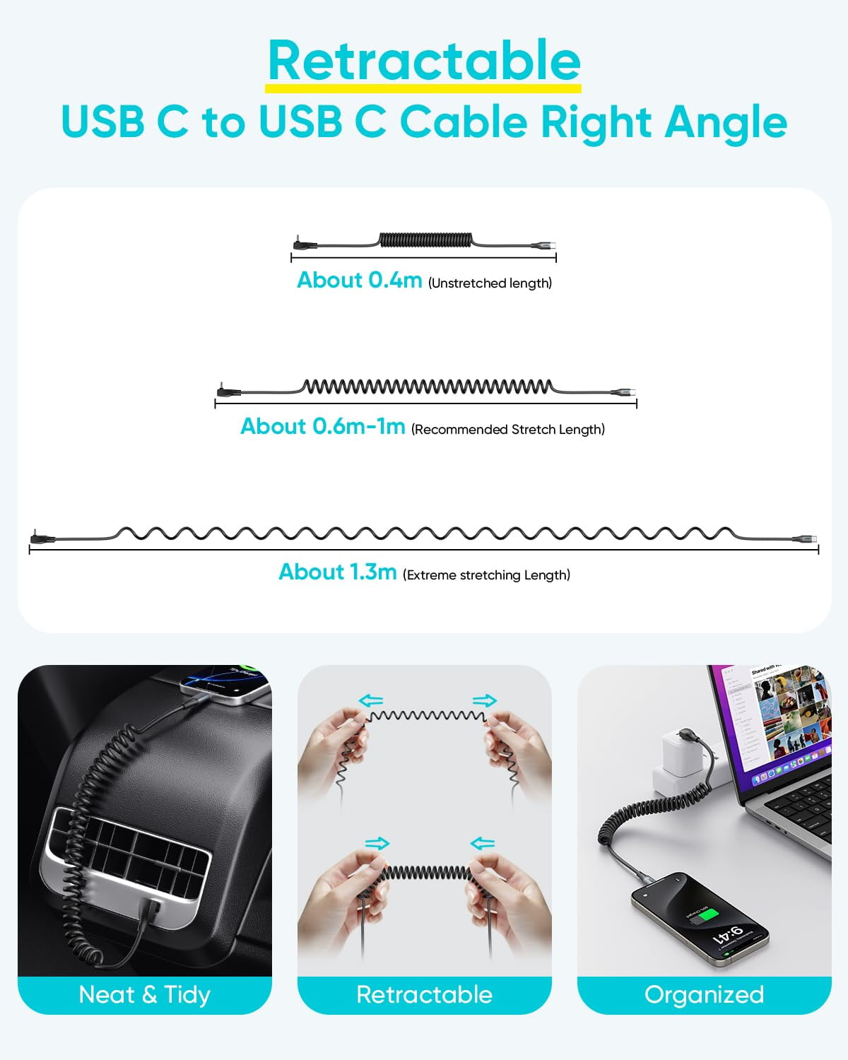 SHIQI-Right Angle Coiled USB C Cable 2 packs [1.3FT-3.3FT], 60W USB C ...