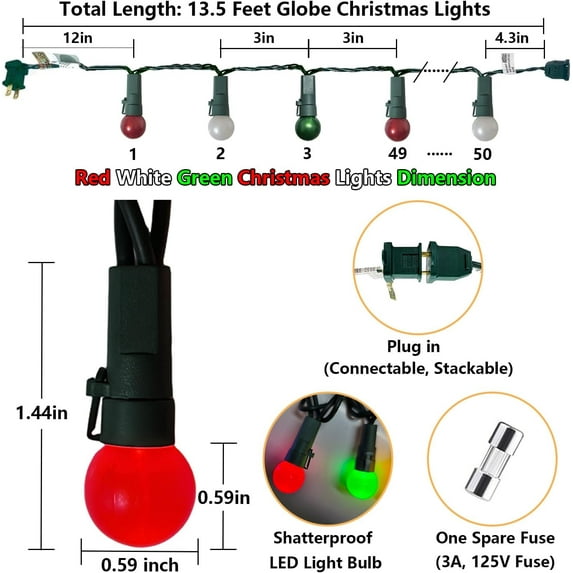 SHIQI-Round Christmas Lights Outdoor 13.5Ft G15 Red Green White ...