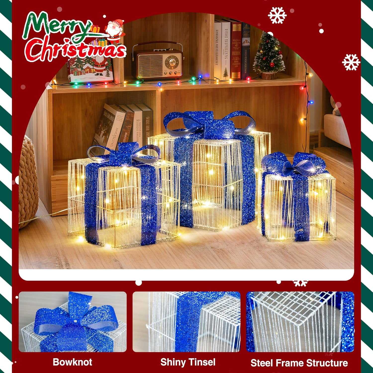 SHIQI-Set of 3 Christmas Lighted Gift Boxes - 65 LED Pre-Lit, Plug-in ...